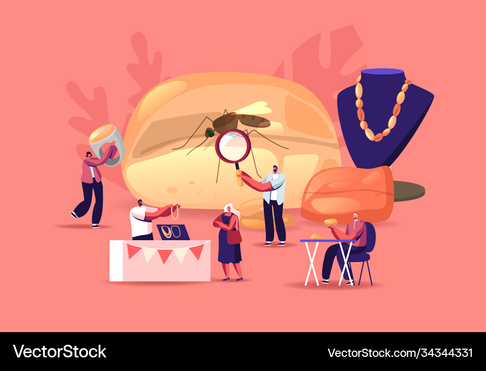 Tiny male female characters around huge amber Vector Image
