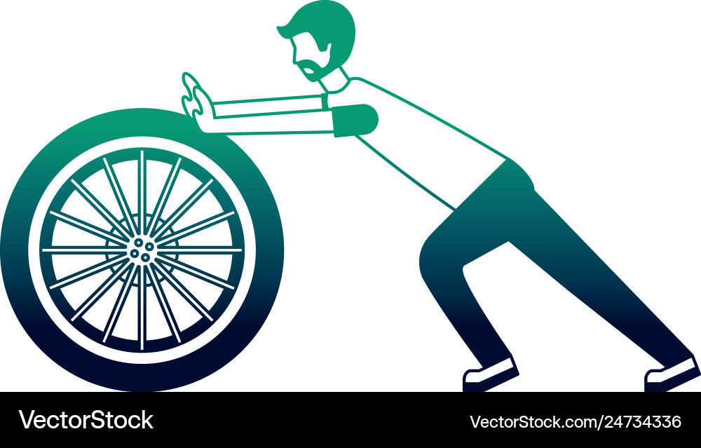 Young man pushing tire car isolated icon Vector Image