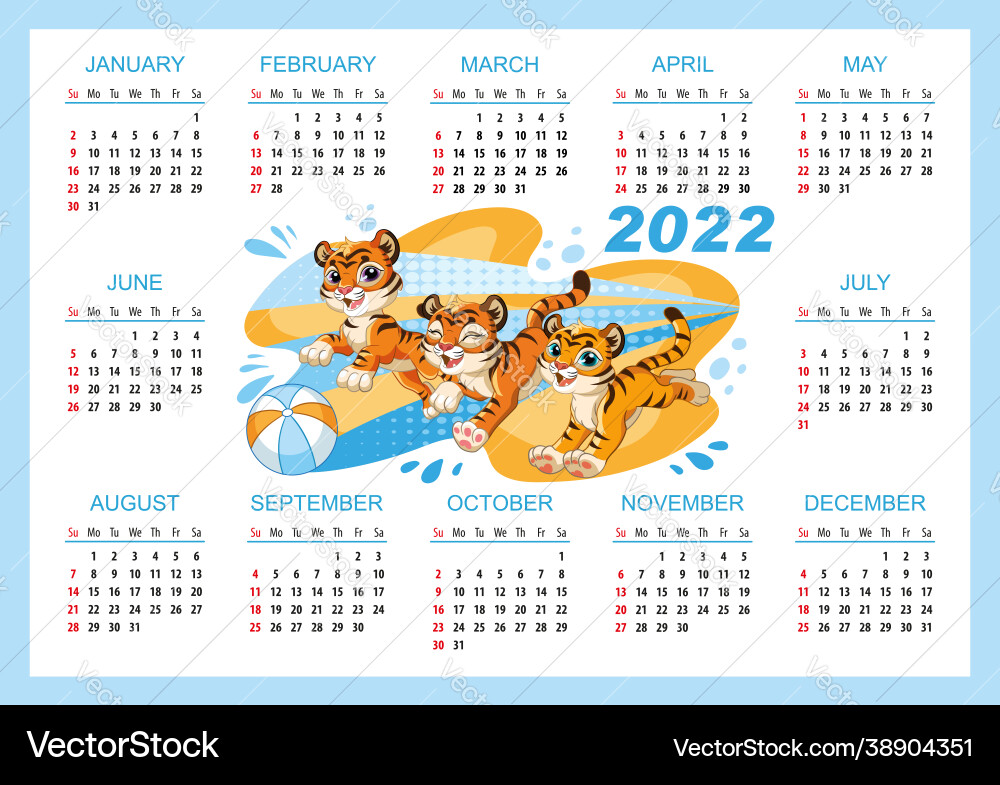 Cute tiger horizontal wall calendar template 2022 Vector Image