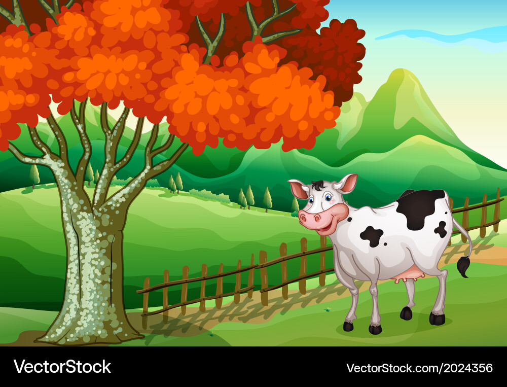 A smiling cow near the big tree Royalty Free Vector Image