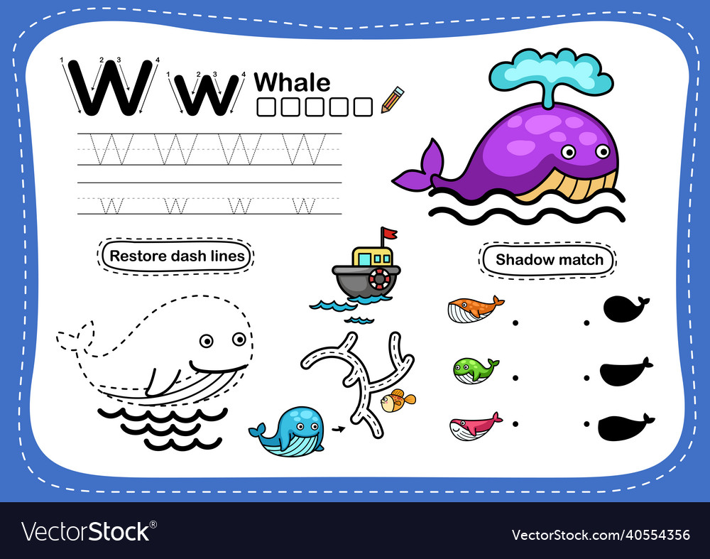 Alphabet letter w-whale exercise with cartoon Vector Image