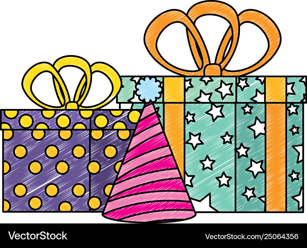 Gifts boxes presents with hat party Royalty Free Vector