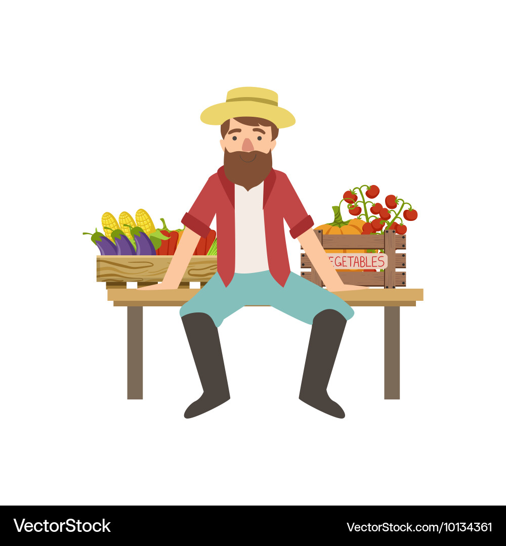 Bearded farmer sitting on the bench with crates Vector Image