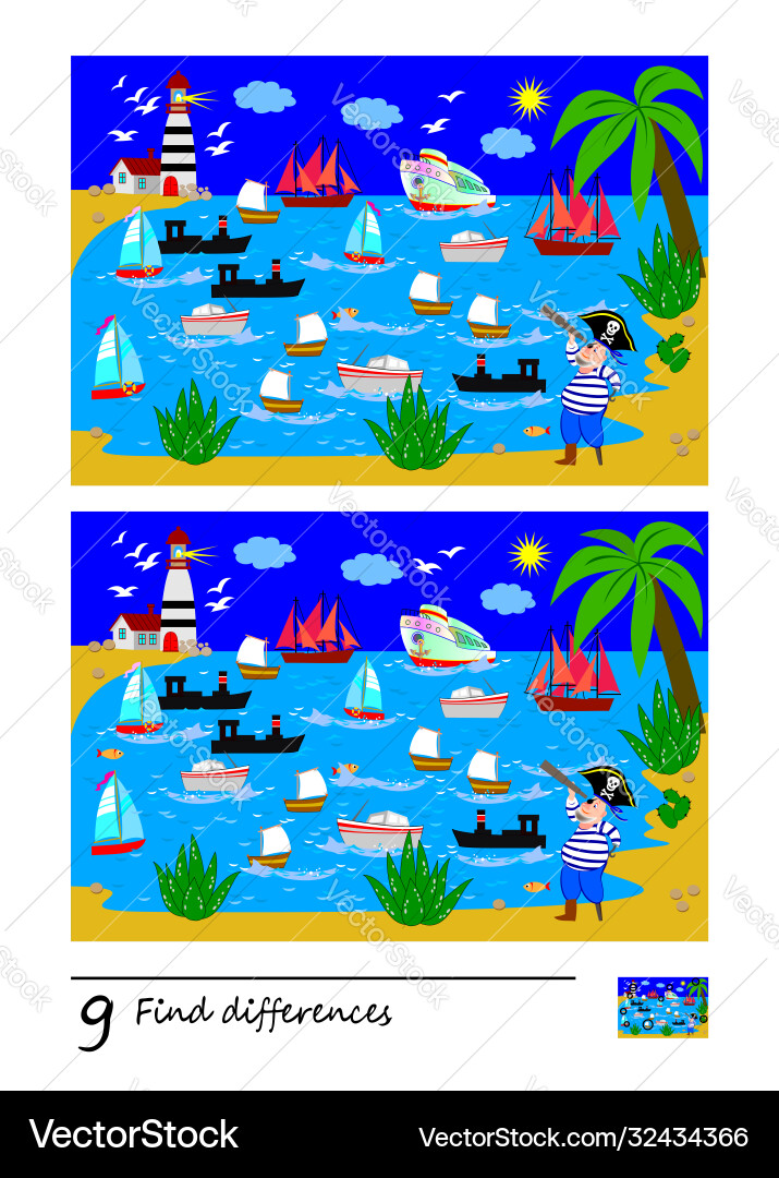 Find 9 differences sea bay pirate and boats Vector Image