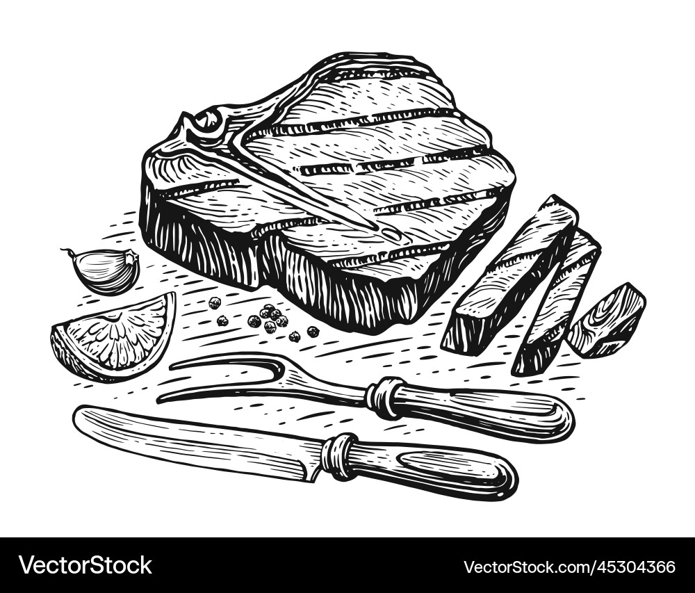 Hand drawn beef steak grilled in sketch style Vector Image