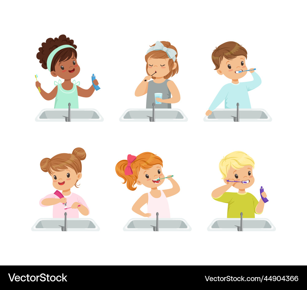Little kids brushing teeth standing at bathroom Vector Image