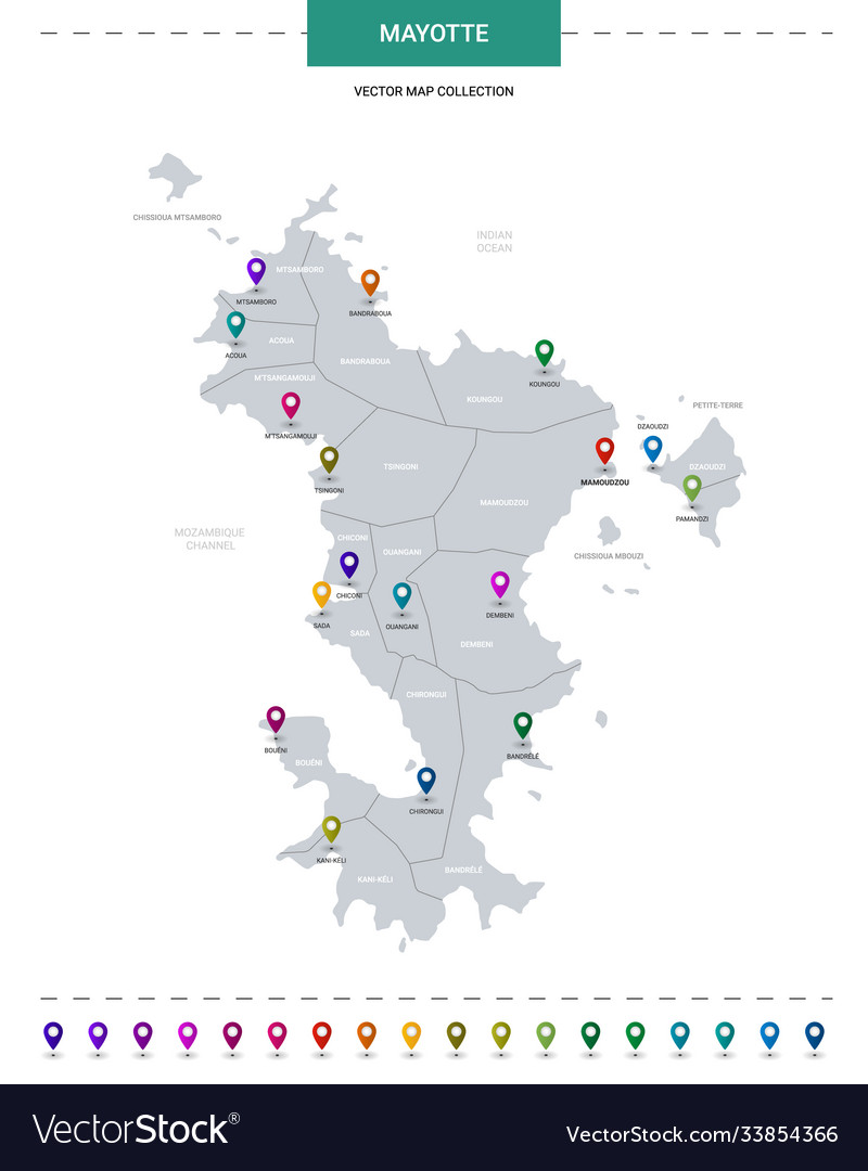 Mayotte map with location pointer marks Royalty Free Vector
