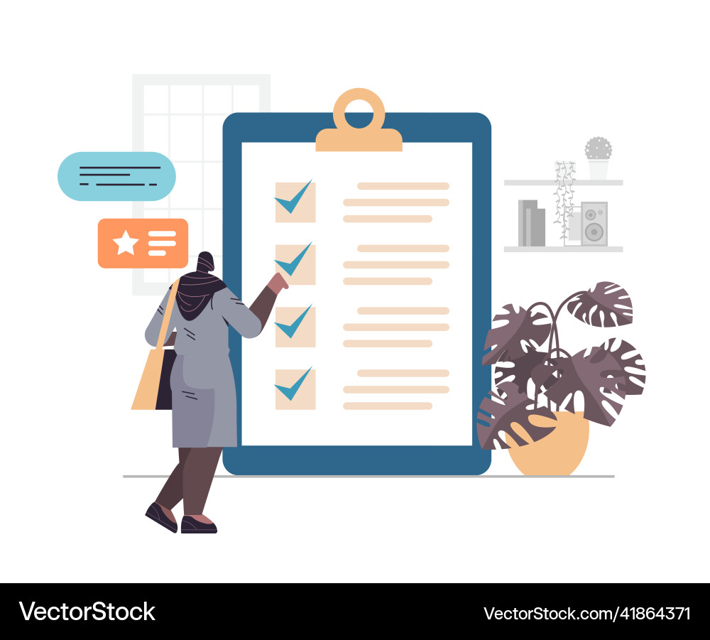 Arab businesswoman marking complete tasks Vector Image