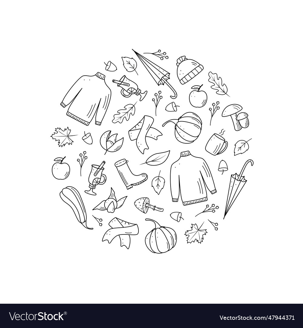 Autumn set of elements fall icon doodle style Vector Image