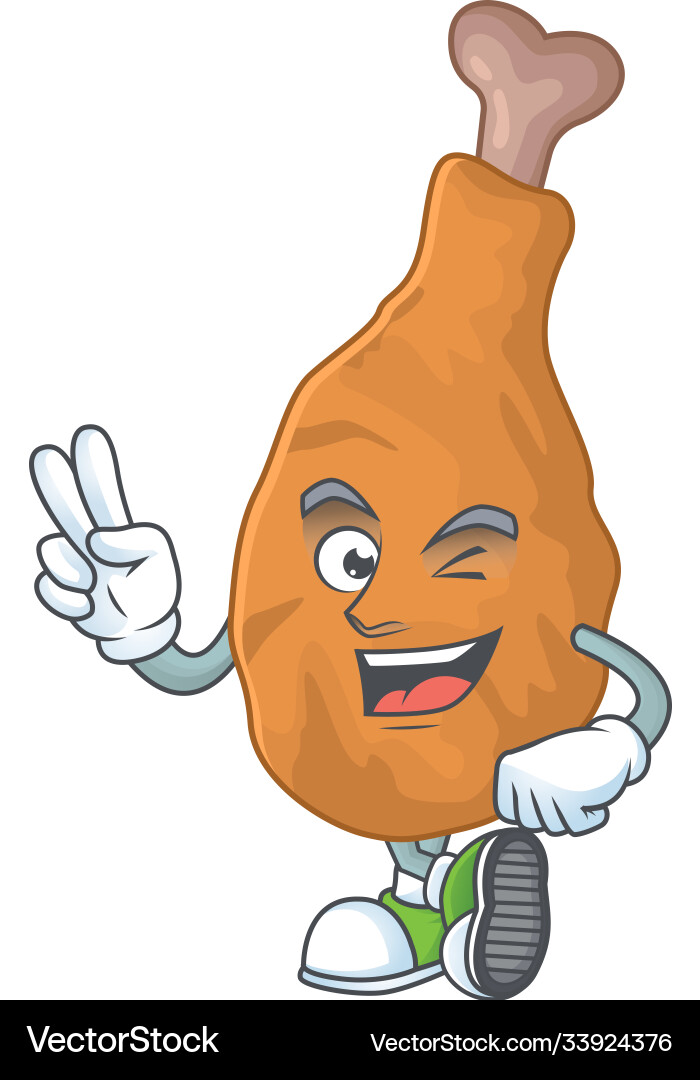 Cheerful fried chicken mascot with two fingers Vector Image