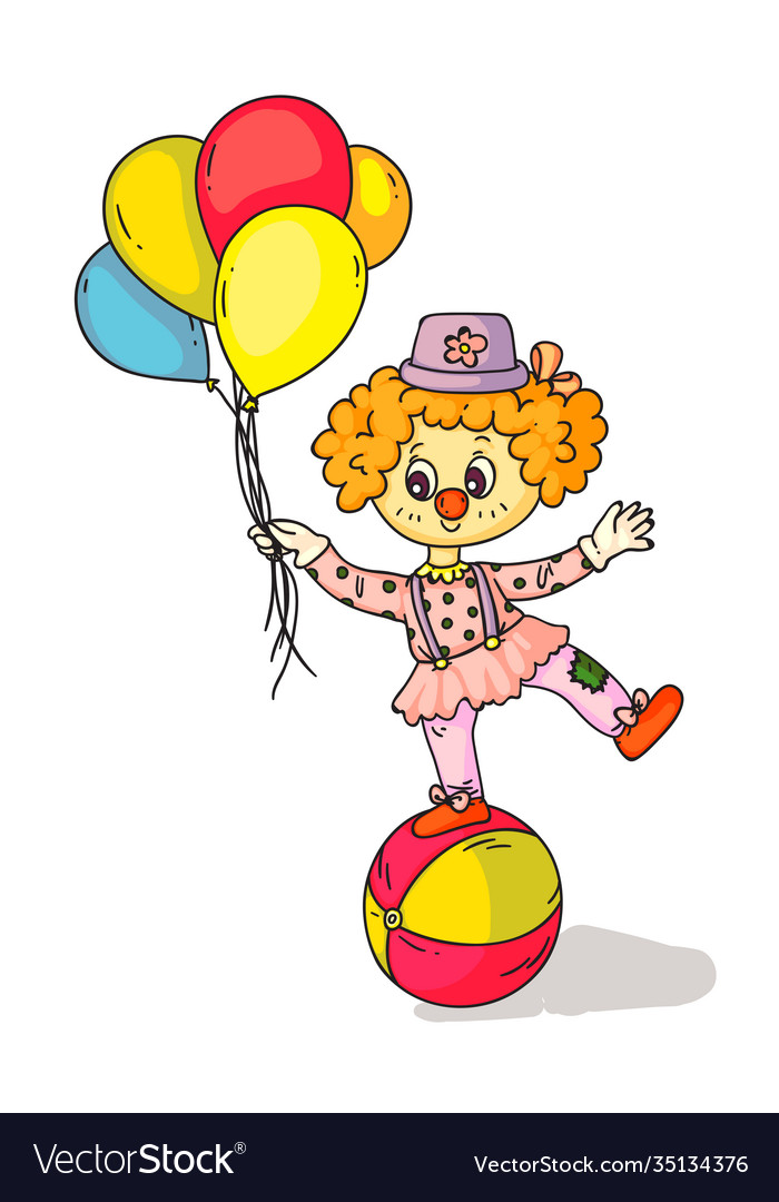 Clown with balloon balancing on ball white Vector Image