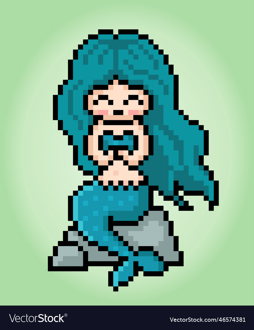 8 bit pixel a mermaid blue haired for game assets Vector Image