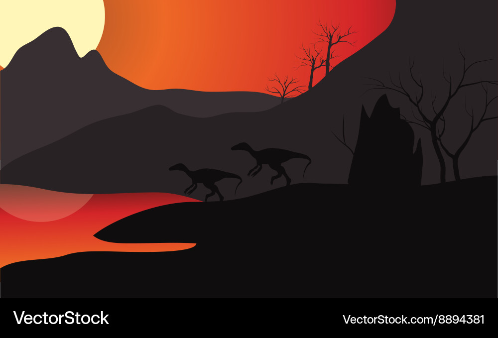 At sunset eoraptor silhouette in lake Royalty Free Vector