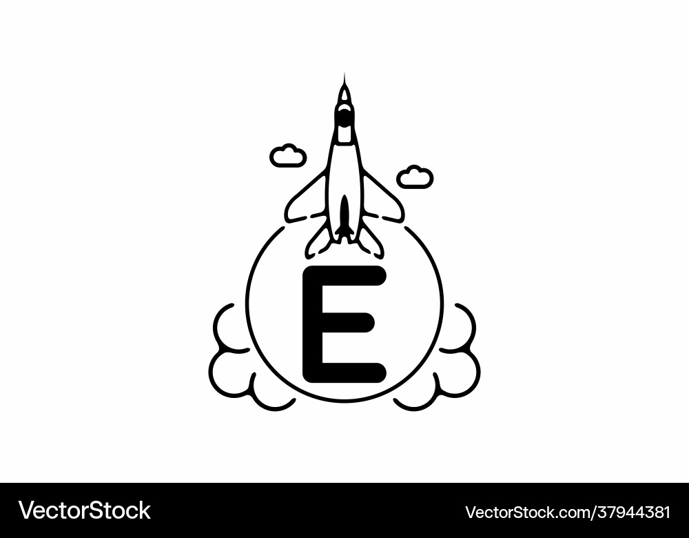 Black line art e initial letter with flying jet Vector Image