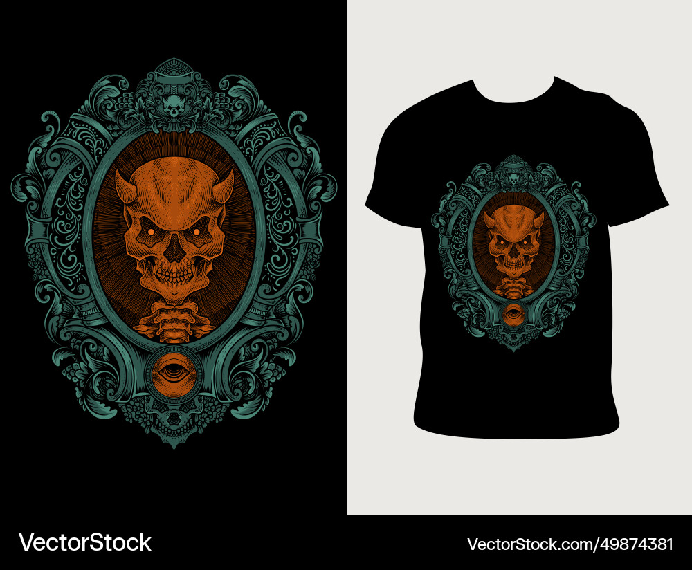 Demon skull with engraving ornament style Vector Image
