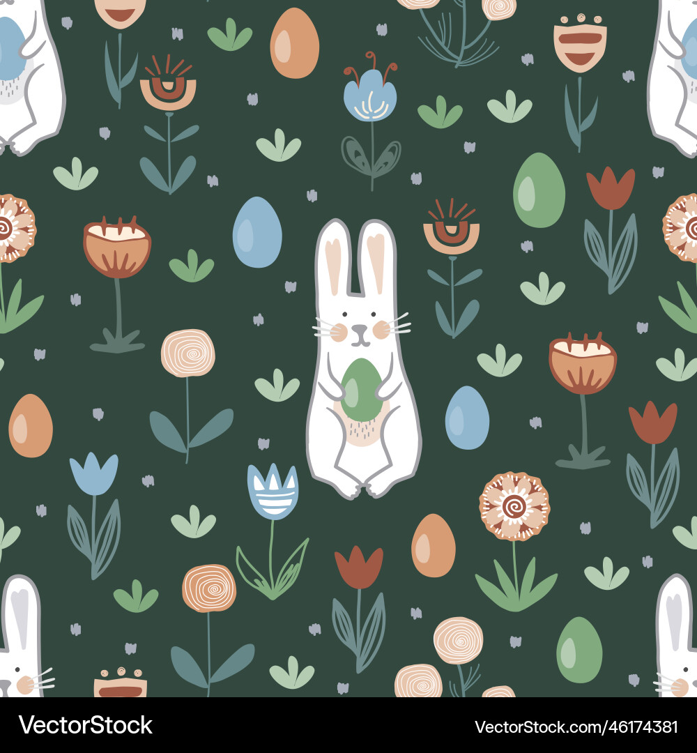 Hand drawn bunnies easter eggs and doodle flowers Vector Image