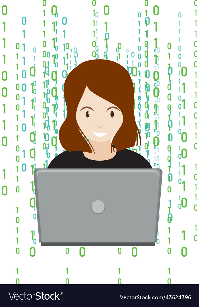A woman using laptop with binary code Royalty Free Vector