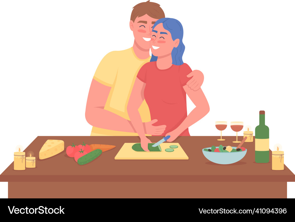 Happy couple cooking romantic dinner flat color Vector Image