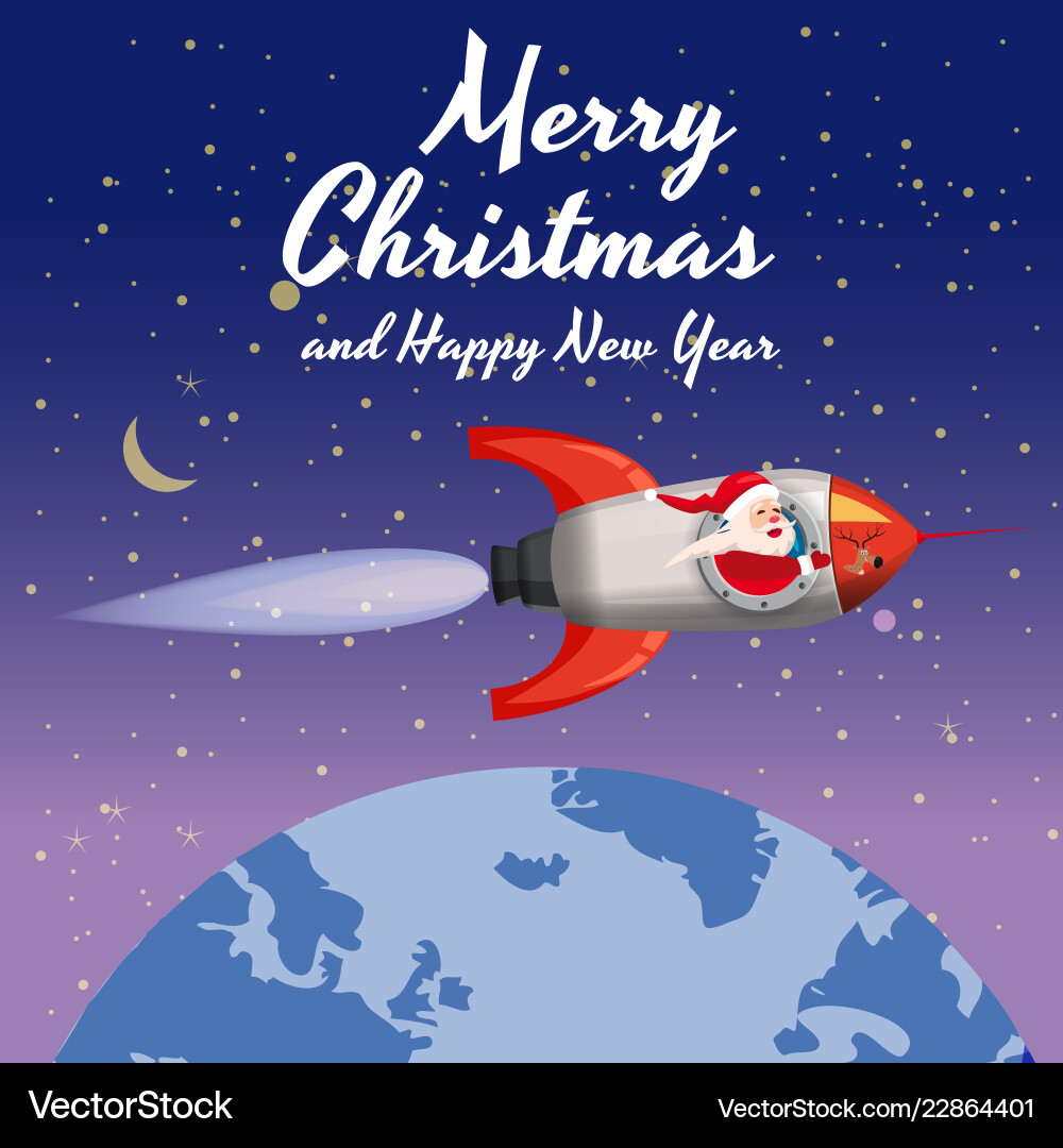 Santa claus on a rocket flies in space around Vector Image