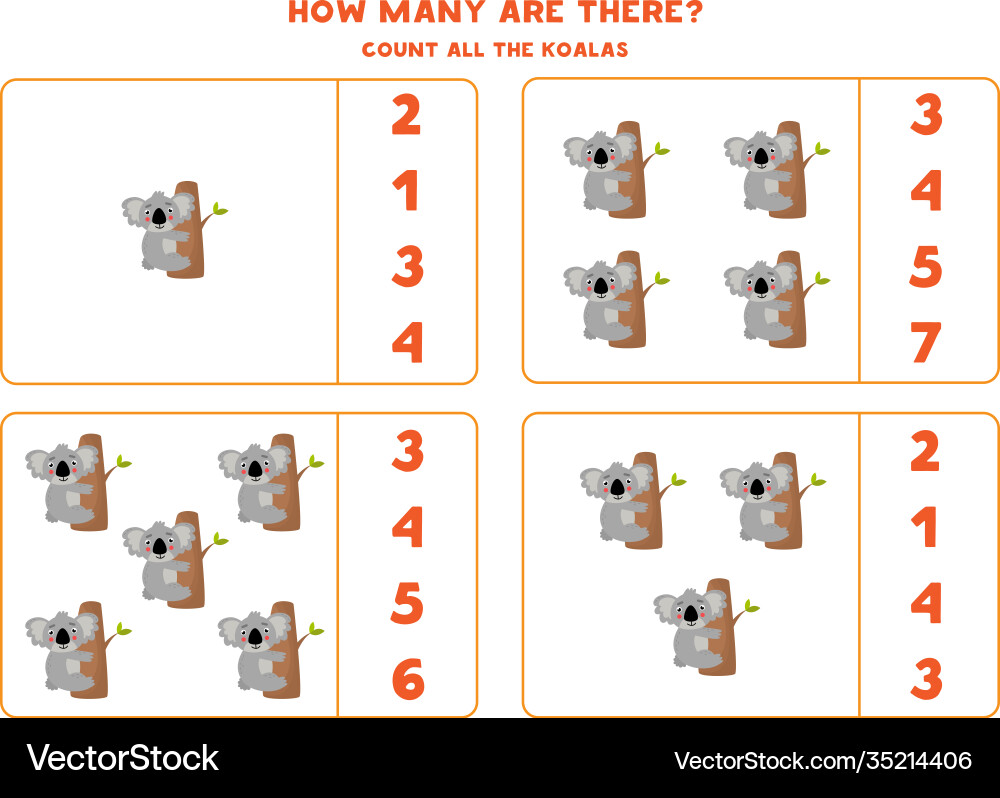 Counting math game with cute cartoon koalas Vector Image