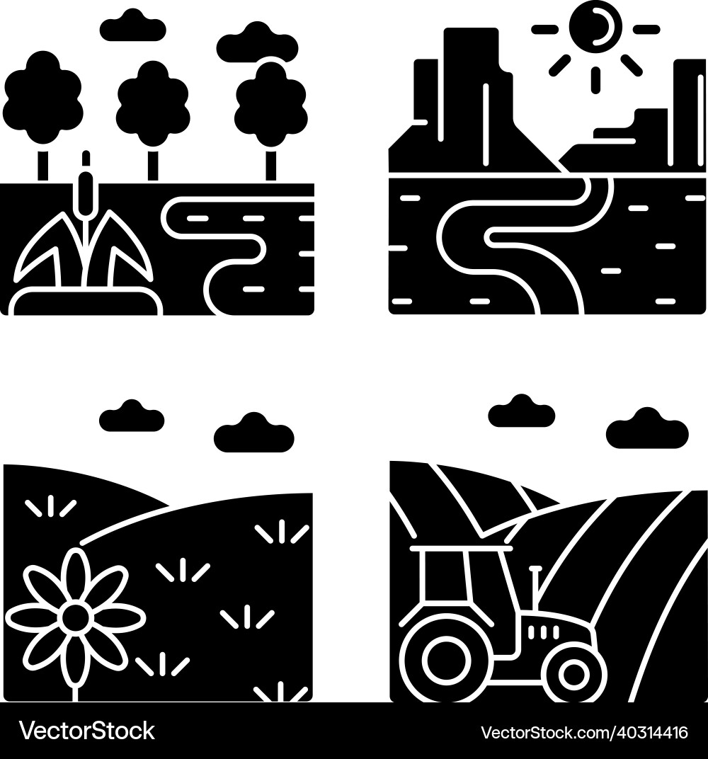 Diverse land types black glyph icons set on white Vector Image