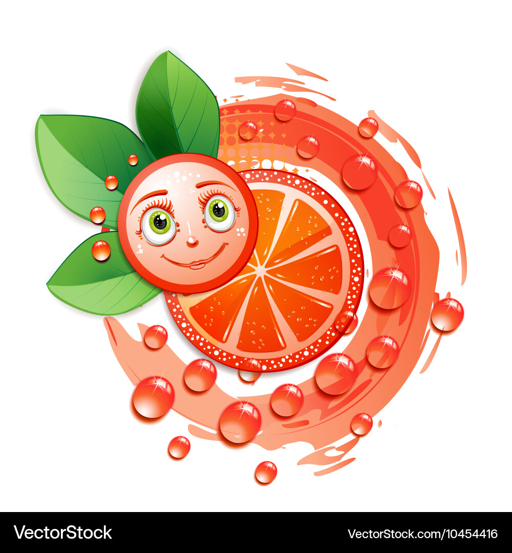 Slice of grapefruit with leafs and a smiley face Vector Image