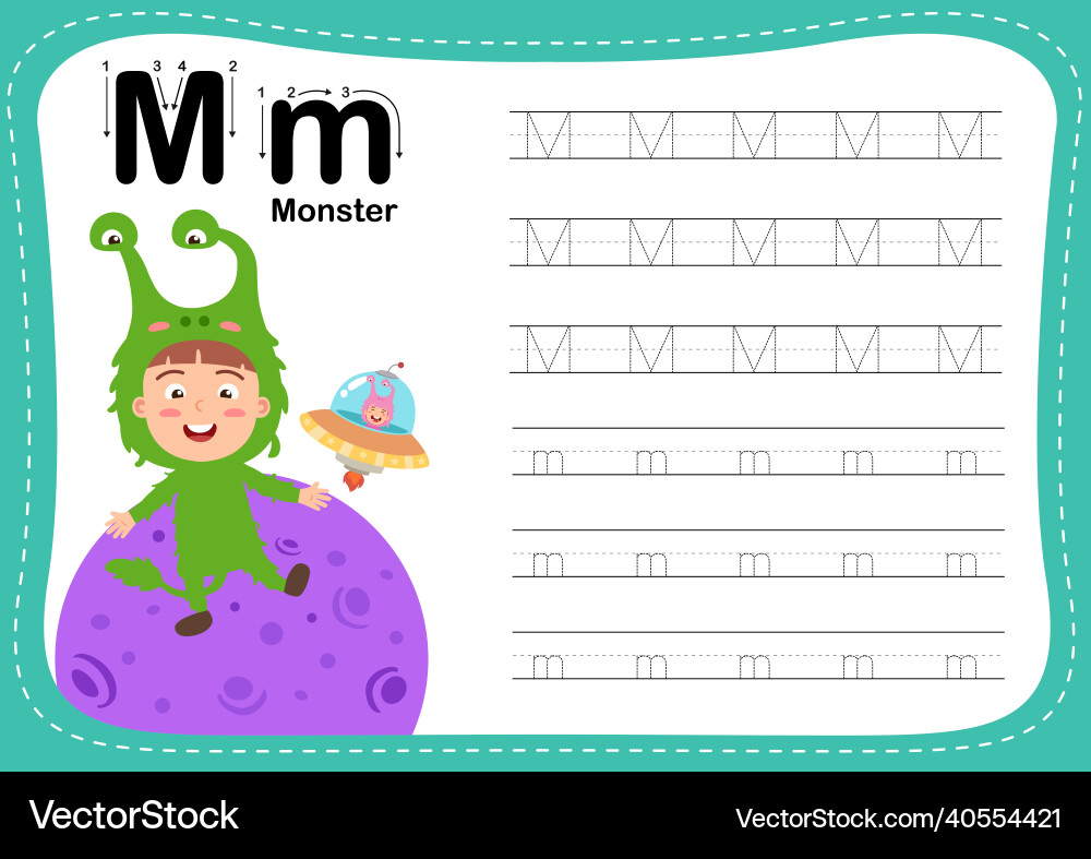Alphabet letter m - monster exercise with cut Vector Image