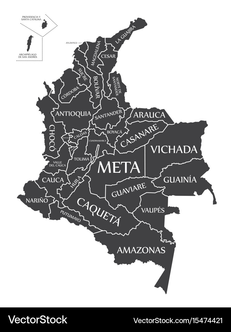 Colombia map labelled black Royalty Free Vector Image