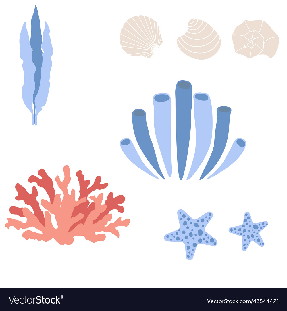 Cute ocean set with algae corals shells Royalty Free Vector
