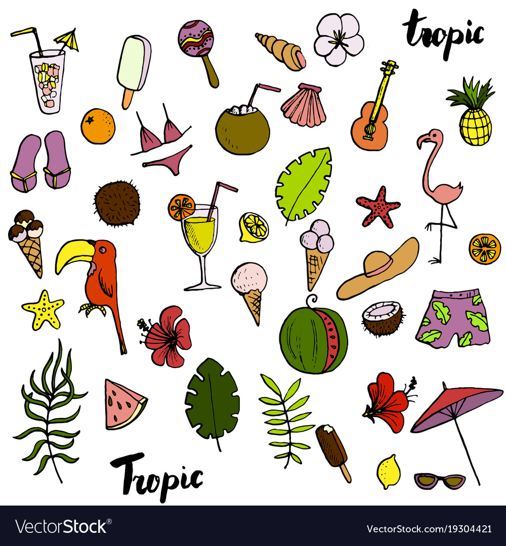 Summer tropical beach doodle set Royalty Free Vector Image