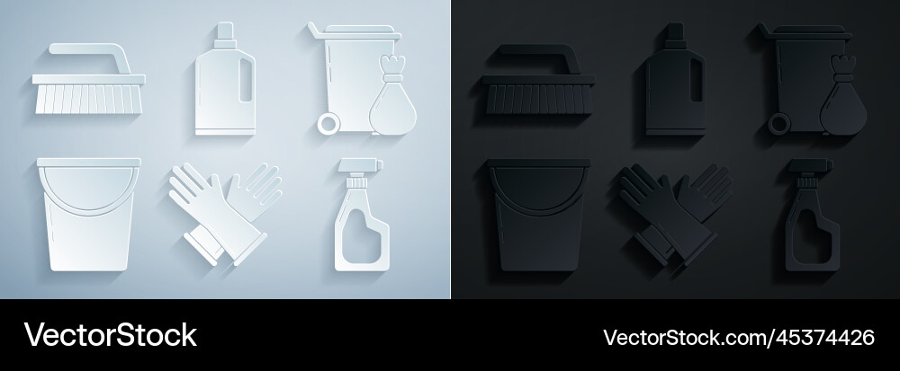 Set rubber gloves trash can bucket cleaning Vector Image