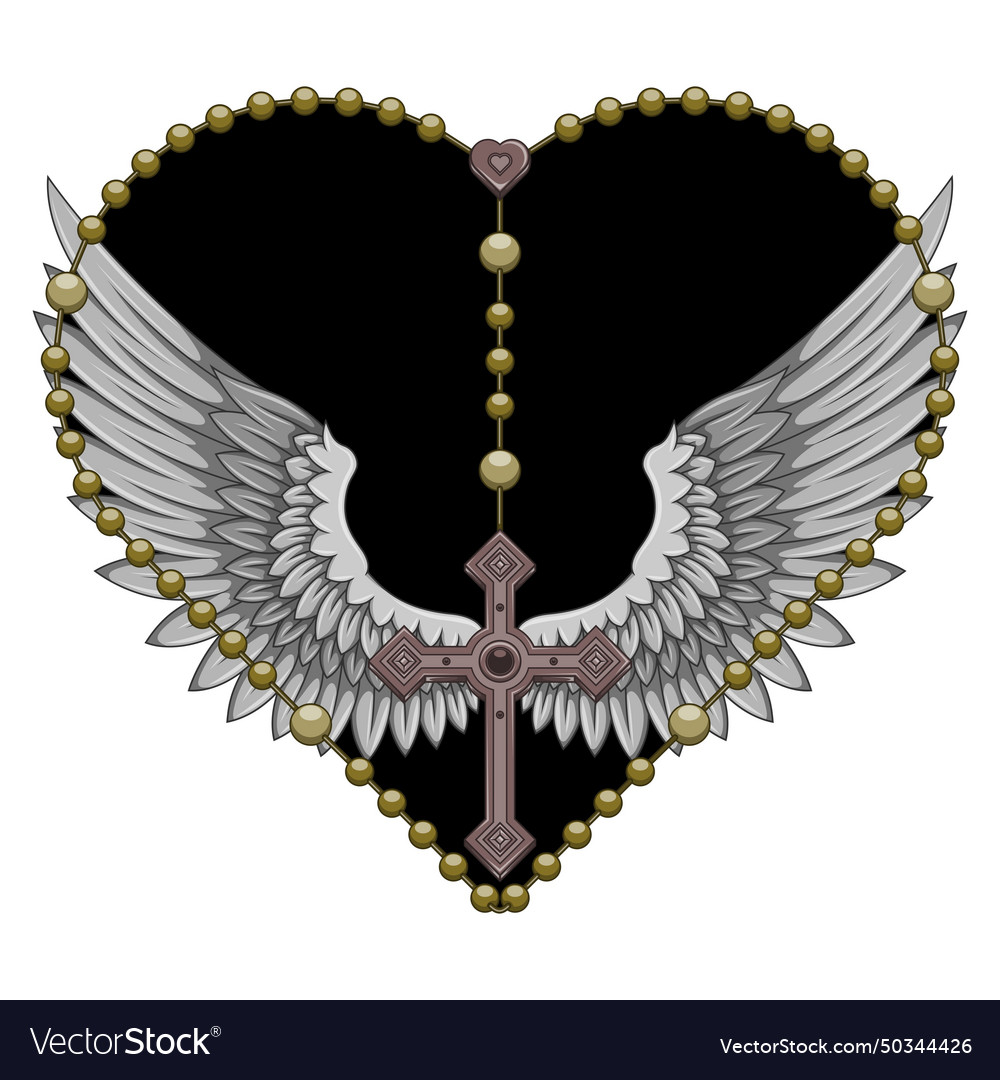 Winged christian cross with heart-shaped rosary Vector Image Winged christian cross with heart-shaped rosary Vector Image