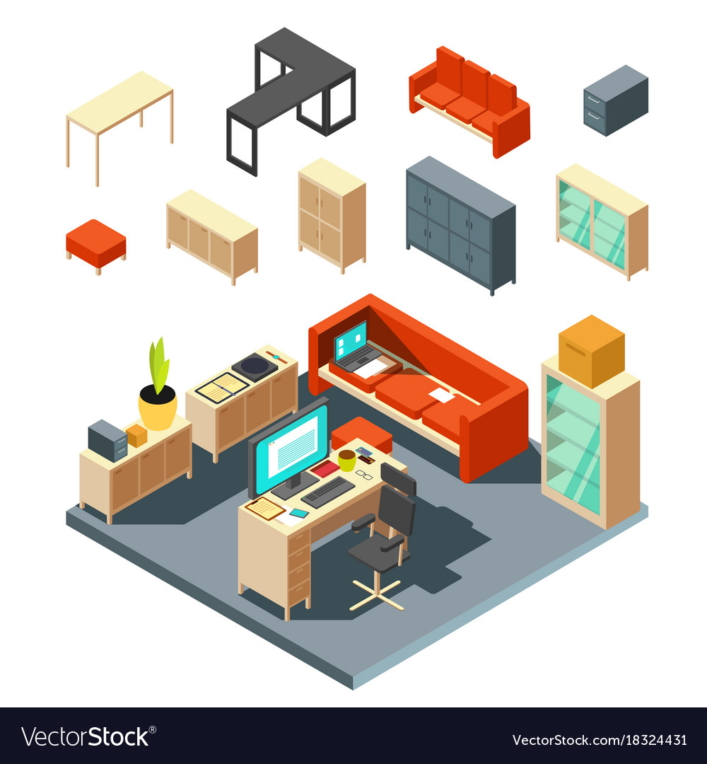 Set isometric office interior elements flat Vector Image