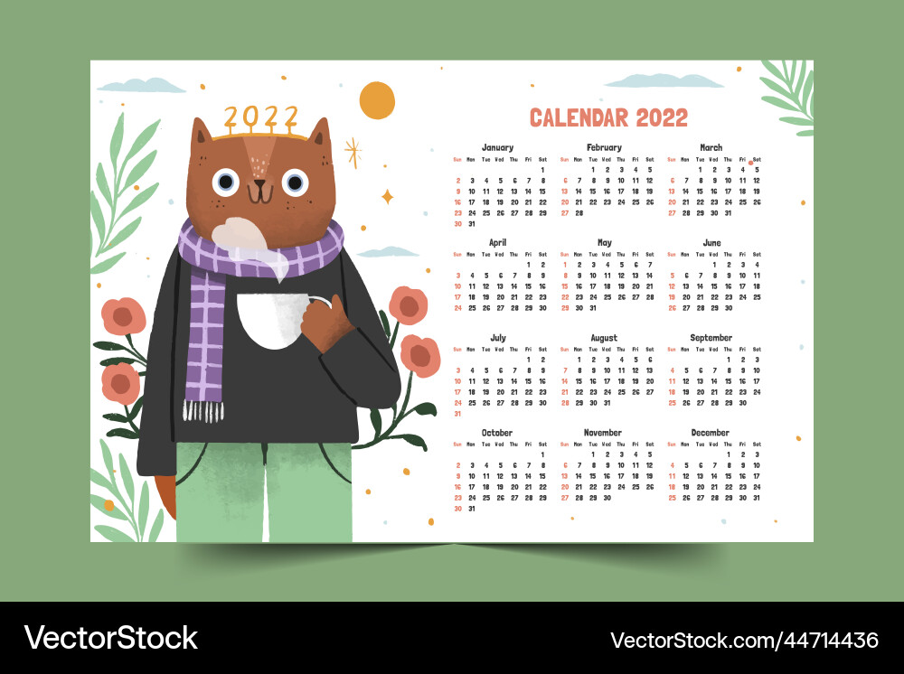 Hand drawn 2022 calendar template abstract design Vector Image