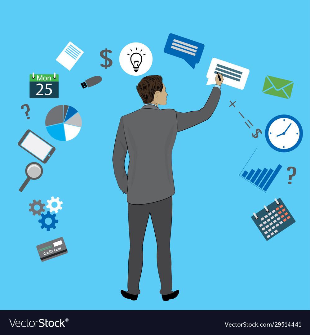 Businessman back view and business icon Royalty Free Vector Businessman back view and business icon Royalty Free Vector