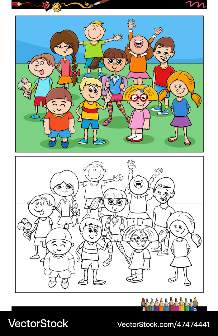 Funny cartoon children characters group coloring Vector Image