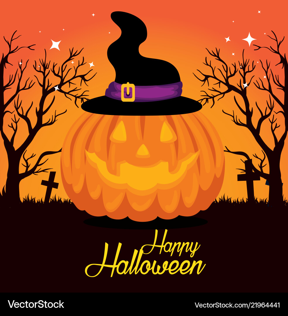 Halloween card with pumpkin and witch hat Vector Image