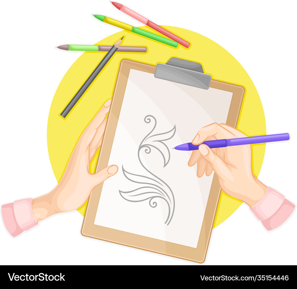 Hands drawing tracery with pencil on paper Vector Image