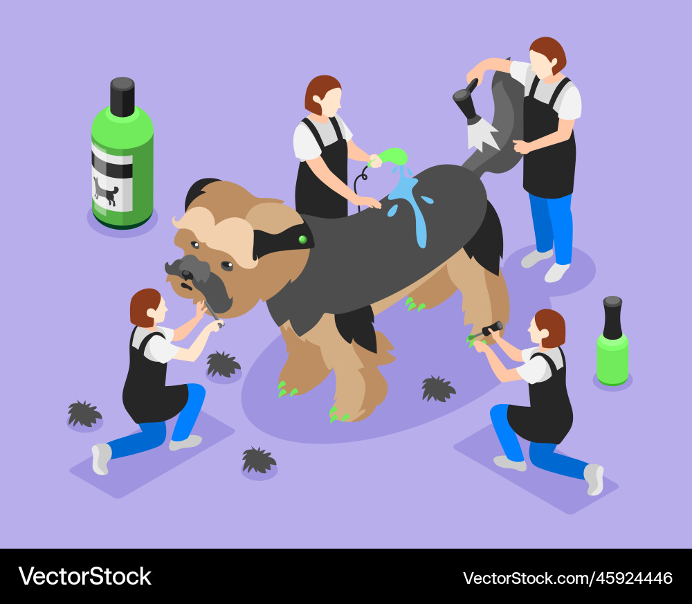 Workers grooming dog composition Royalty Free Vector Image