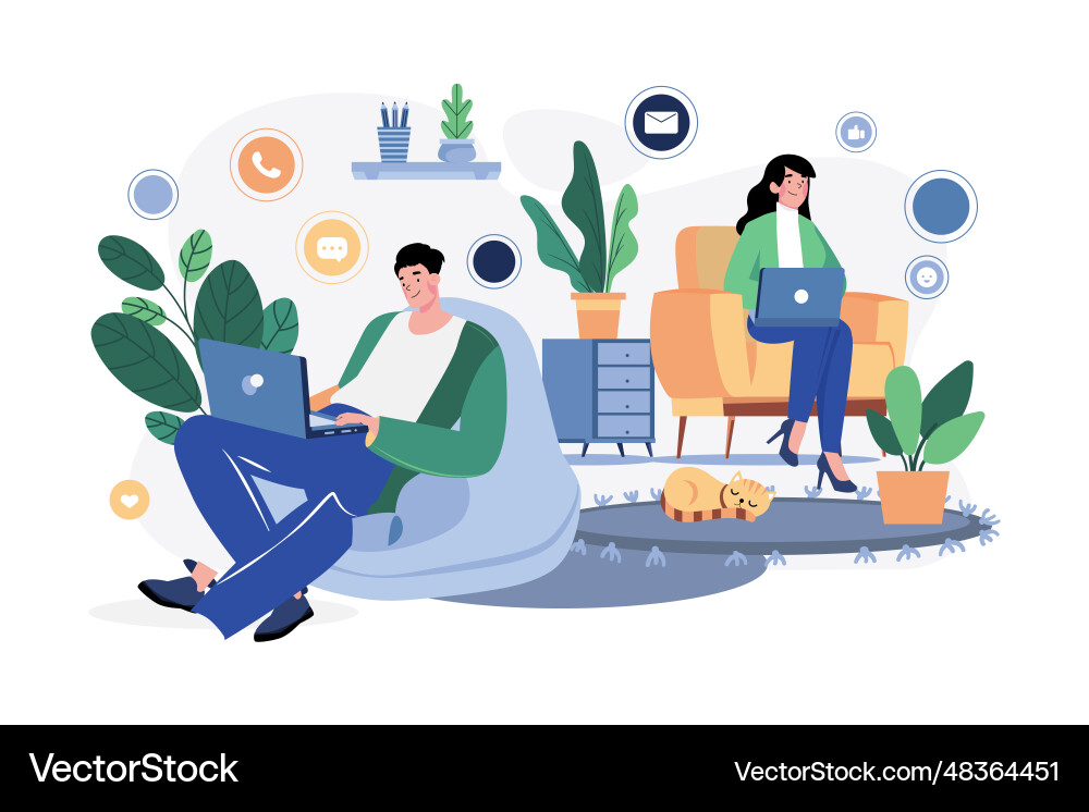 Couples connect social networks at home Royalty Free Vector