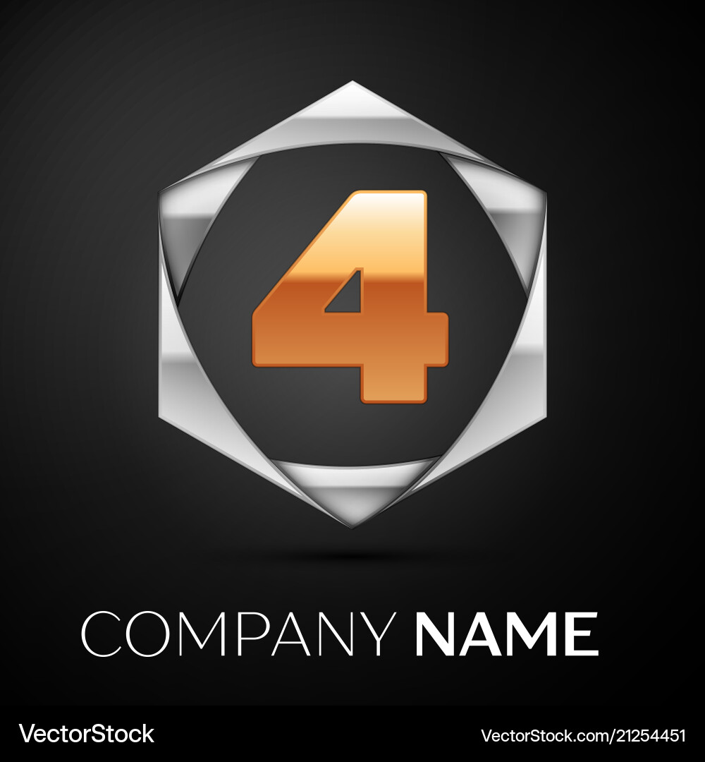 Gold Nummer vier Logo-Symbol in Silber hexagonal Vektorbild