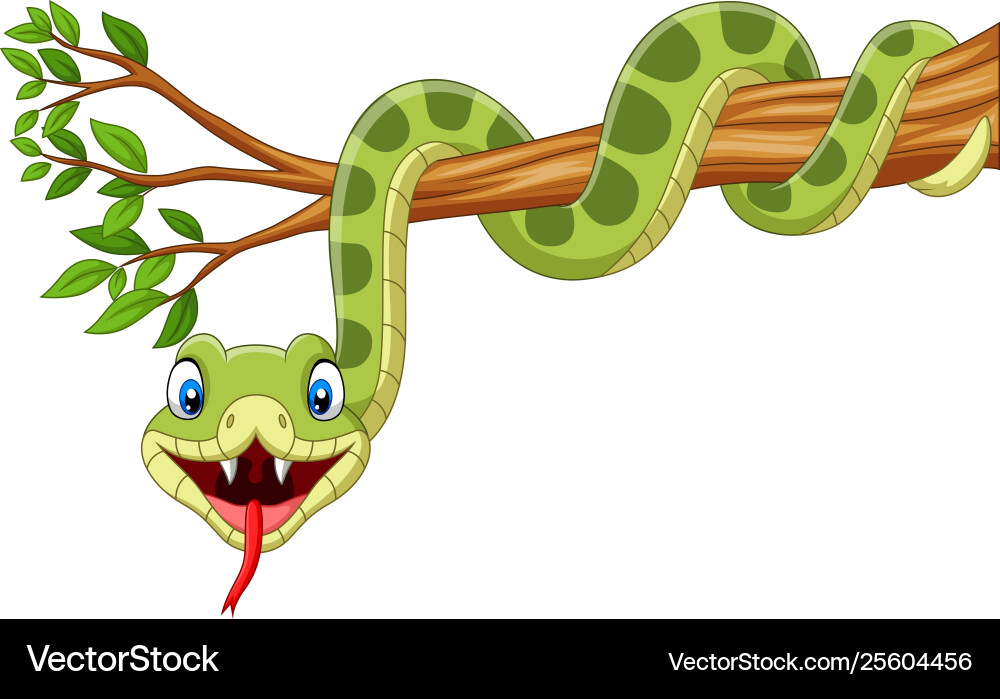 Cartoon green snake on tree branch Royalty Free Vector Image