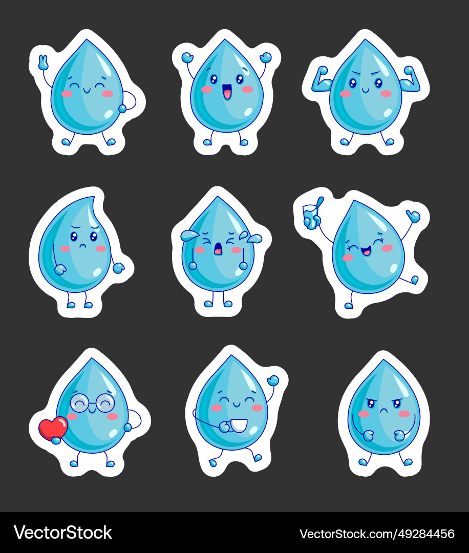 Cartoon water drop characters sticker bookmark Vector Image