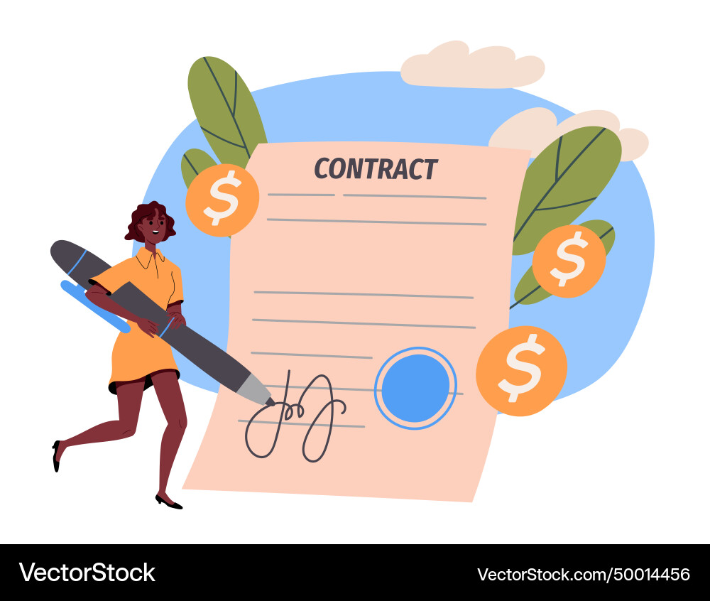 Girl signs contract concept Royalty Free Vector Image