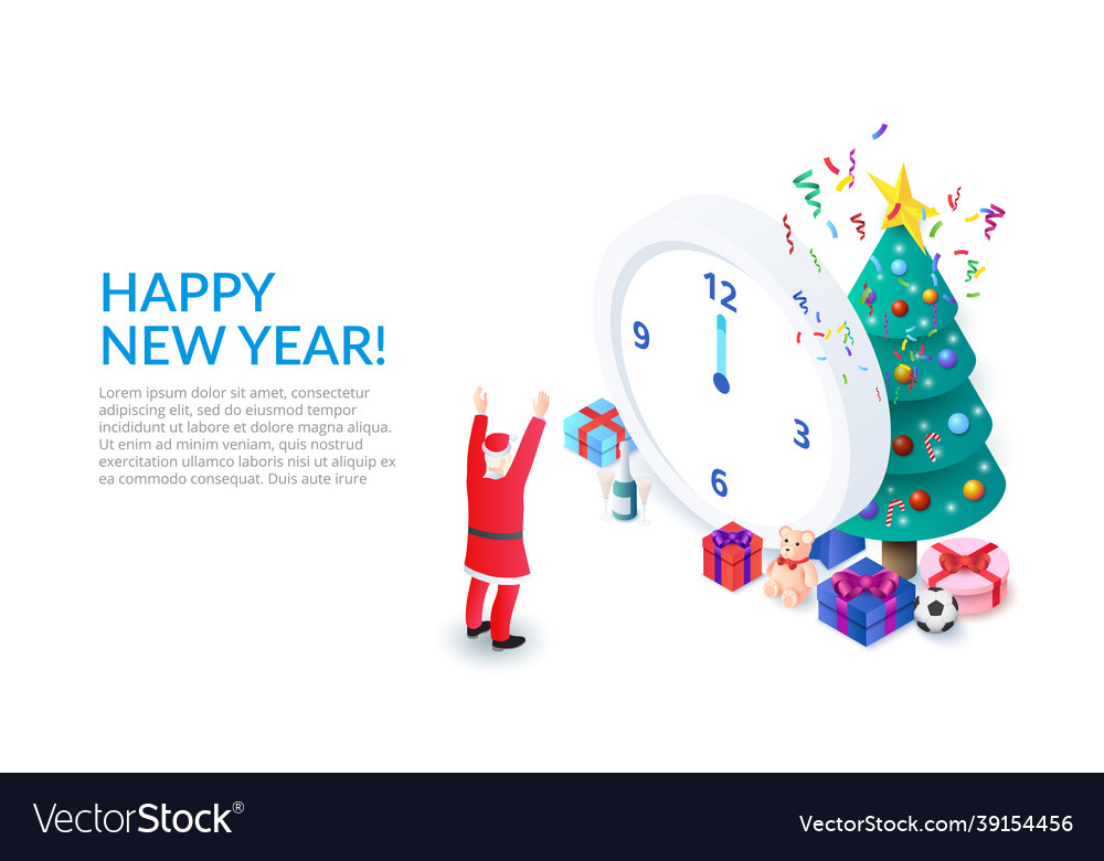 Santa claus christmas tree clock and gift boxes Vector Image