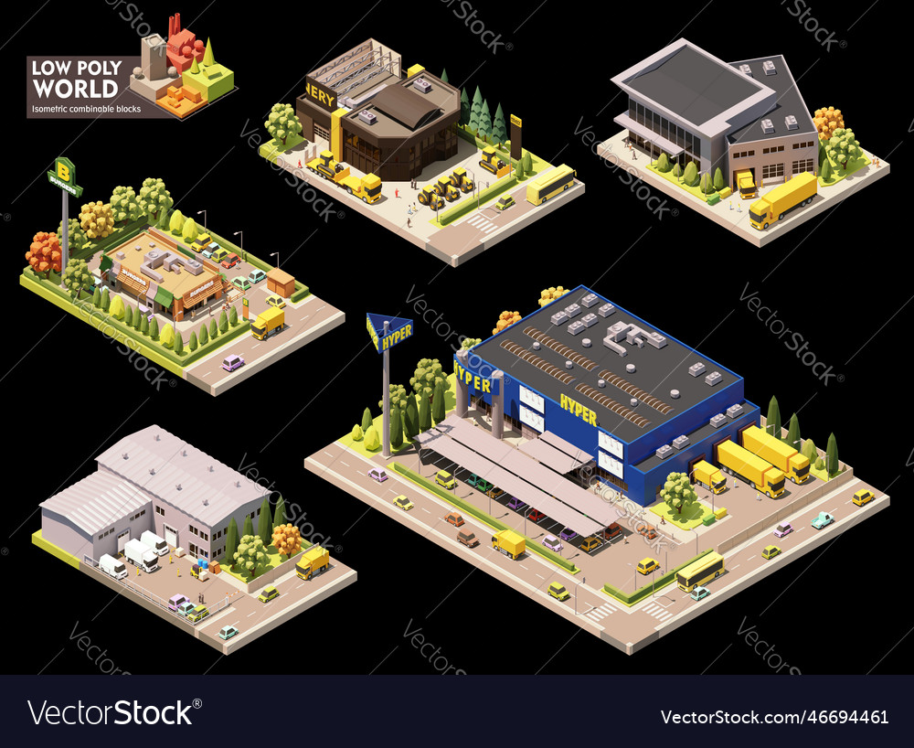 Isometric city commercial area elements Royalty Free Vector