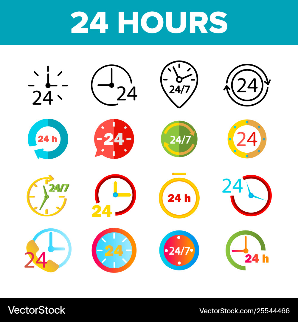 24 hours clock time color icons set Royalty Free Vector
