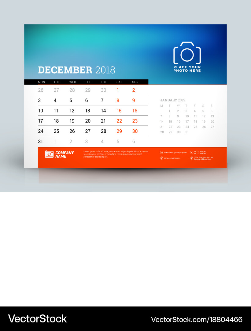 Calendar design template december 2018 place Vector Image