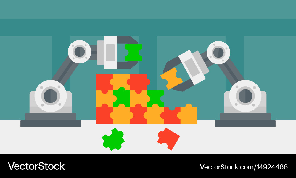 Two robotic arms building a colorful puzzle Vector Image