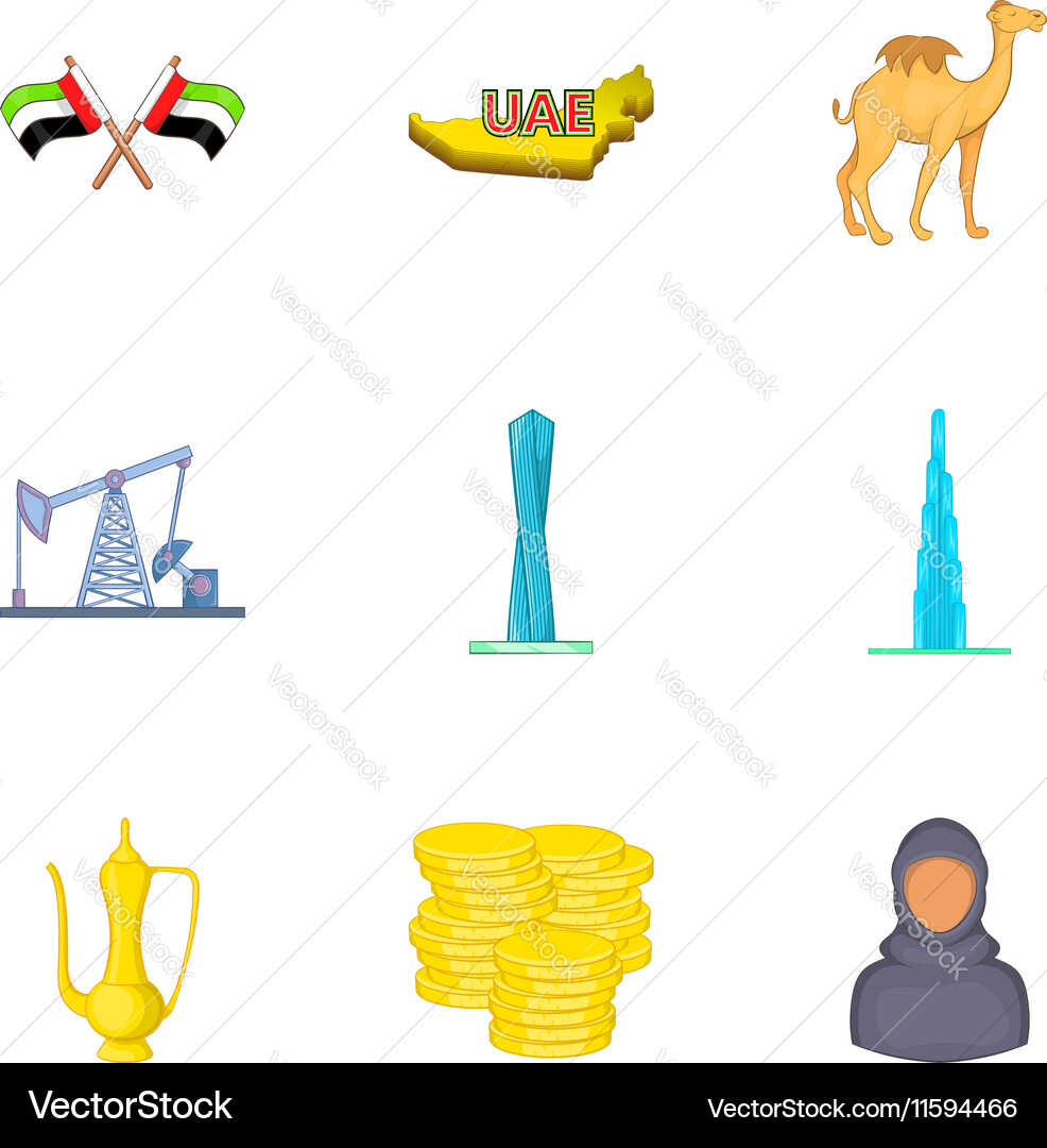 UAE icons set cartoon style Royalty Free Vector Image